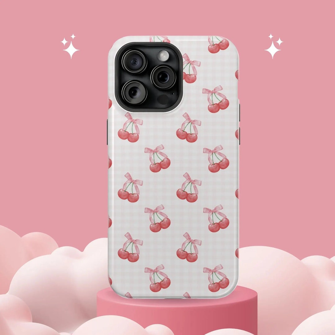 Coquette Phone Case Red Cherry Pink Bows, MAGSAFE Phone Case, Girly ...