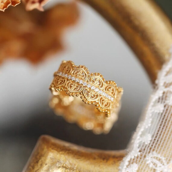 14K Gold Lace Vintage Ring Baroque Ring Stacking Ring | Etsy
