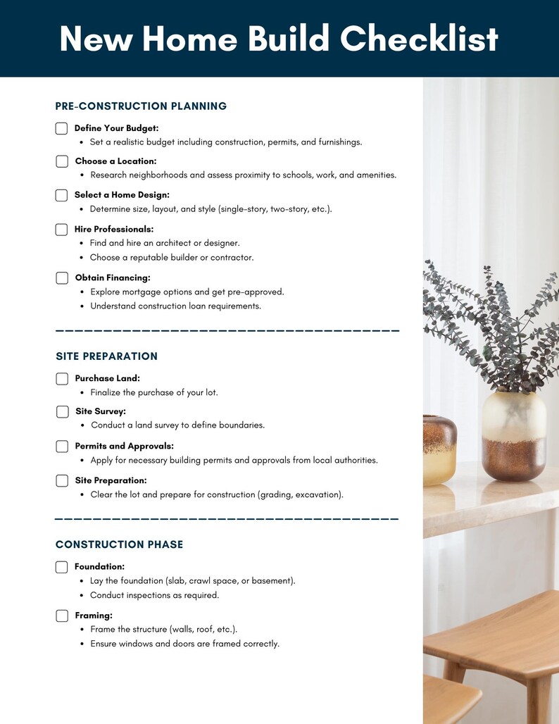 New Home Build Checklist Printable Guide for Planning Construction Step ...