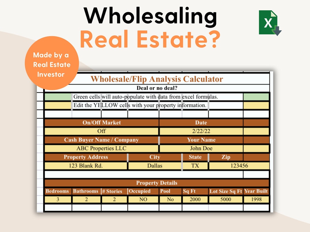Wholesale Real Estate Calculator, Spreadsheet Template, Real Estate ...