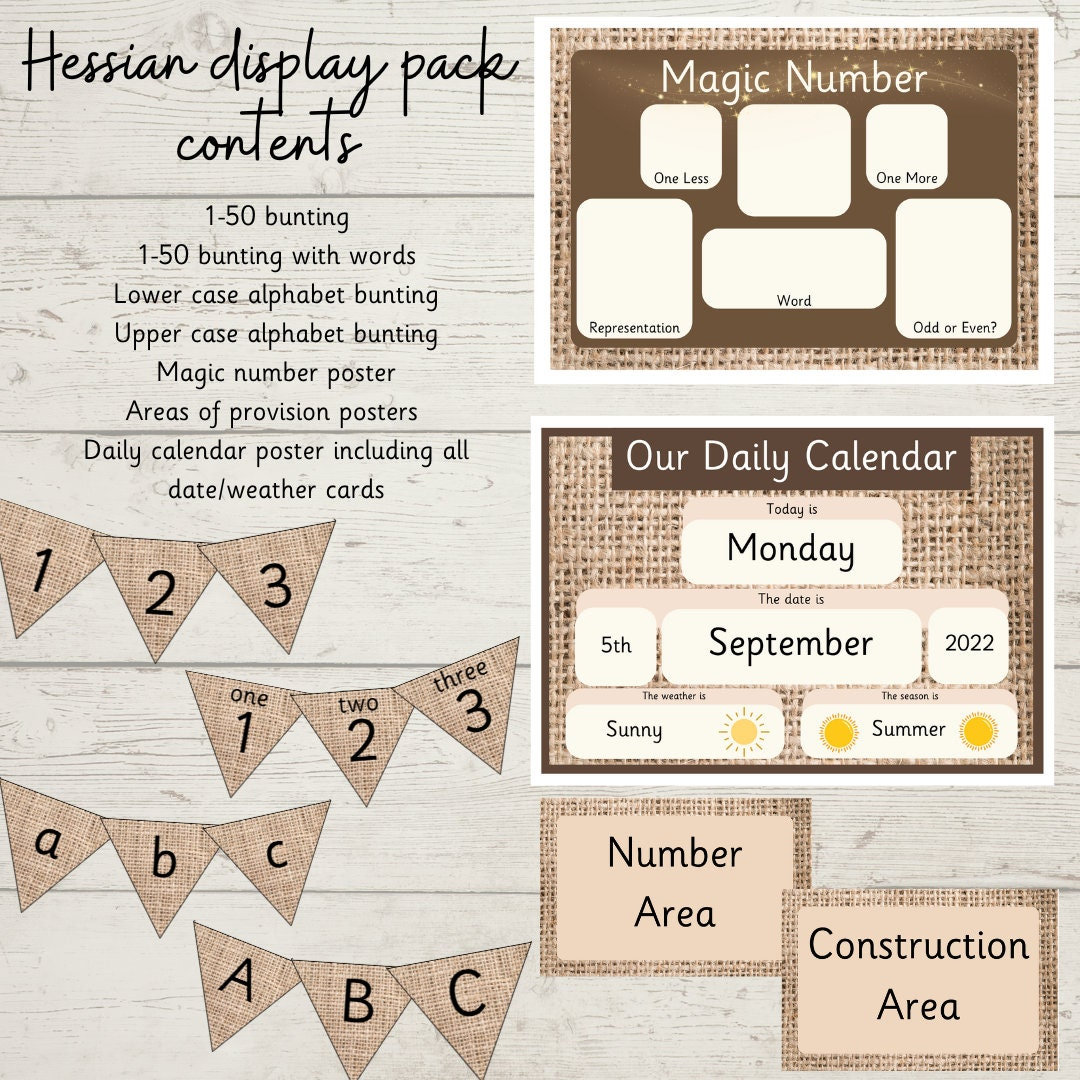 Classroom Display Resource Pack Natural Hessian Theme || Daily Calendar ...
