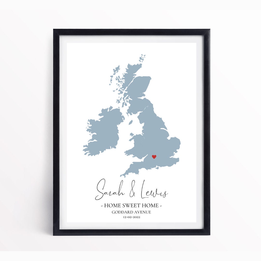 New Home UK Map Personalised Print Home is Where the Heart Is, Home ...