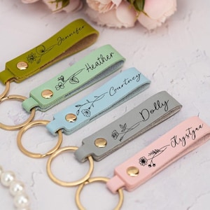 Personalized Birth Flower Keychain, Engraved Leather Keyring, Custom ...