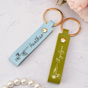 Personalized Birth Flower Keychain, Engraved Leather Keyring, Custom ...