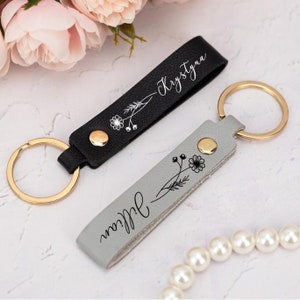 Personalized Birth Flower Keychain, Engraved Leather Keyring, Custom ...