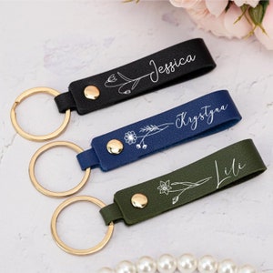 Personalized Birth Flower Keychain, Engraved Leather Keyring, Custom ...