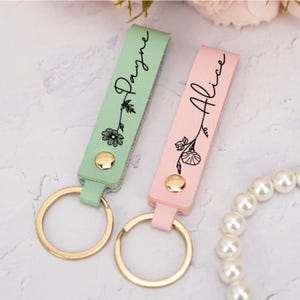 Custom Birth Flower Keyring for Women, Personalized Name Keychain With ...