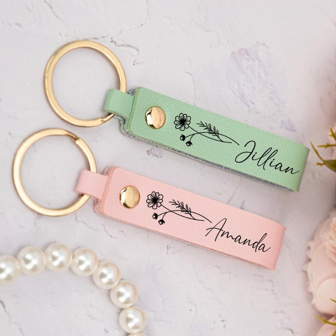 Personalized Birth Flower Keychain, Engraved Leather Keyring, Custom ...