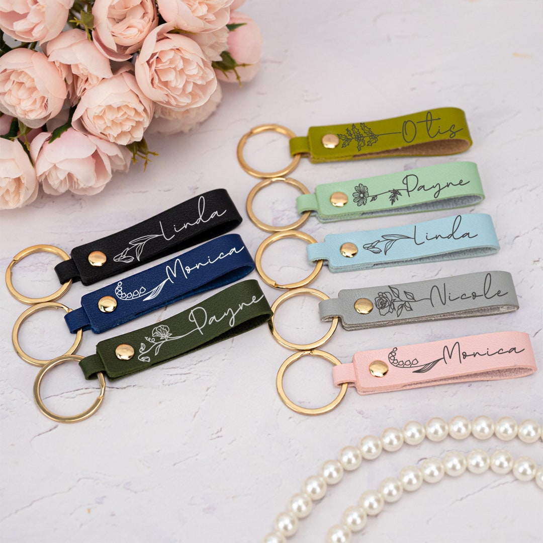 Personalized Birth Flower Leather Keychain, Leather Keyring, Bag Tags ...