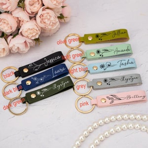 Personalized Birth Flower Keychain, Engraved Leather Keyring, Custom ...