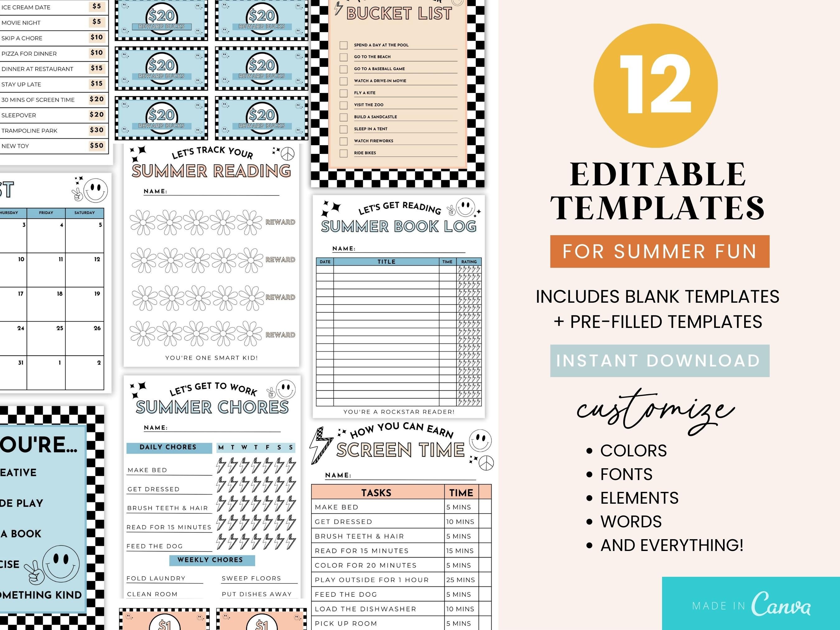 Kids Summer Schedule Editable Summer Chore Chart Kids Summer Checklist ...