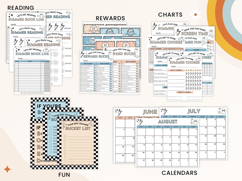 Summer Chore Chart for Kids Checklist Screen Time Tracker Reward Bucks ...