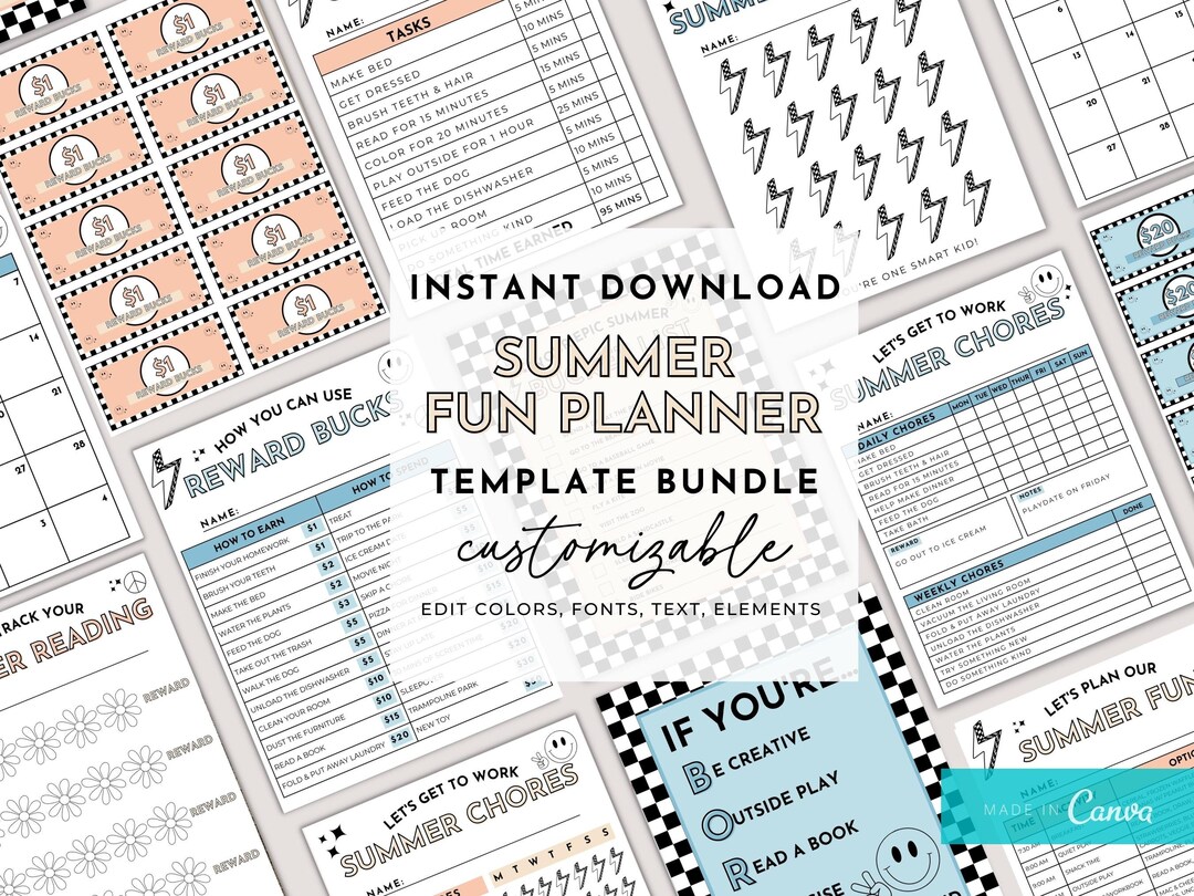 Summer Chore Chart for Kids Checklist Screen Time Tracker Reward Bucks ...
