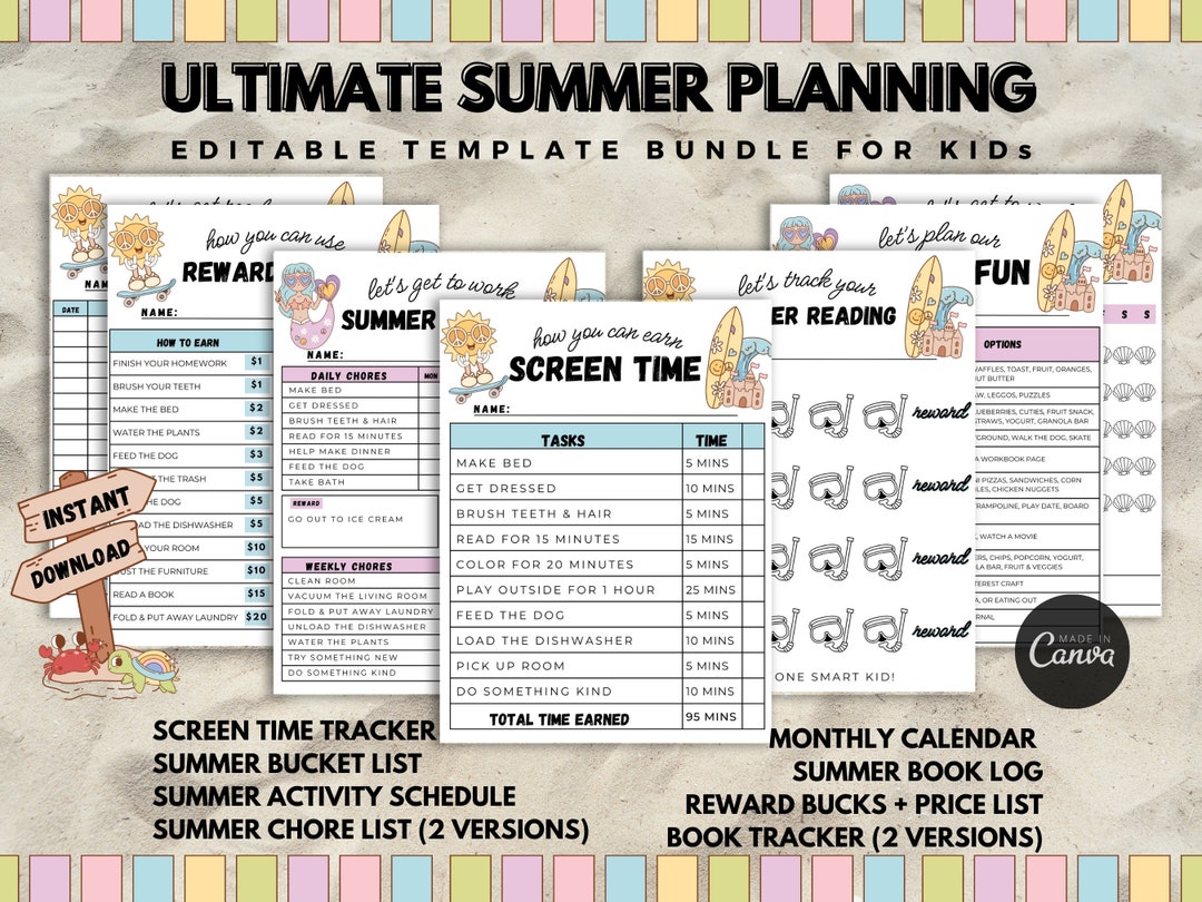 Kids Summer Schedule Chore Chart Summer Checklist Summer Activity ...
