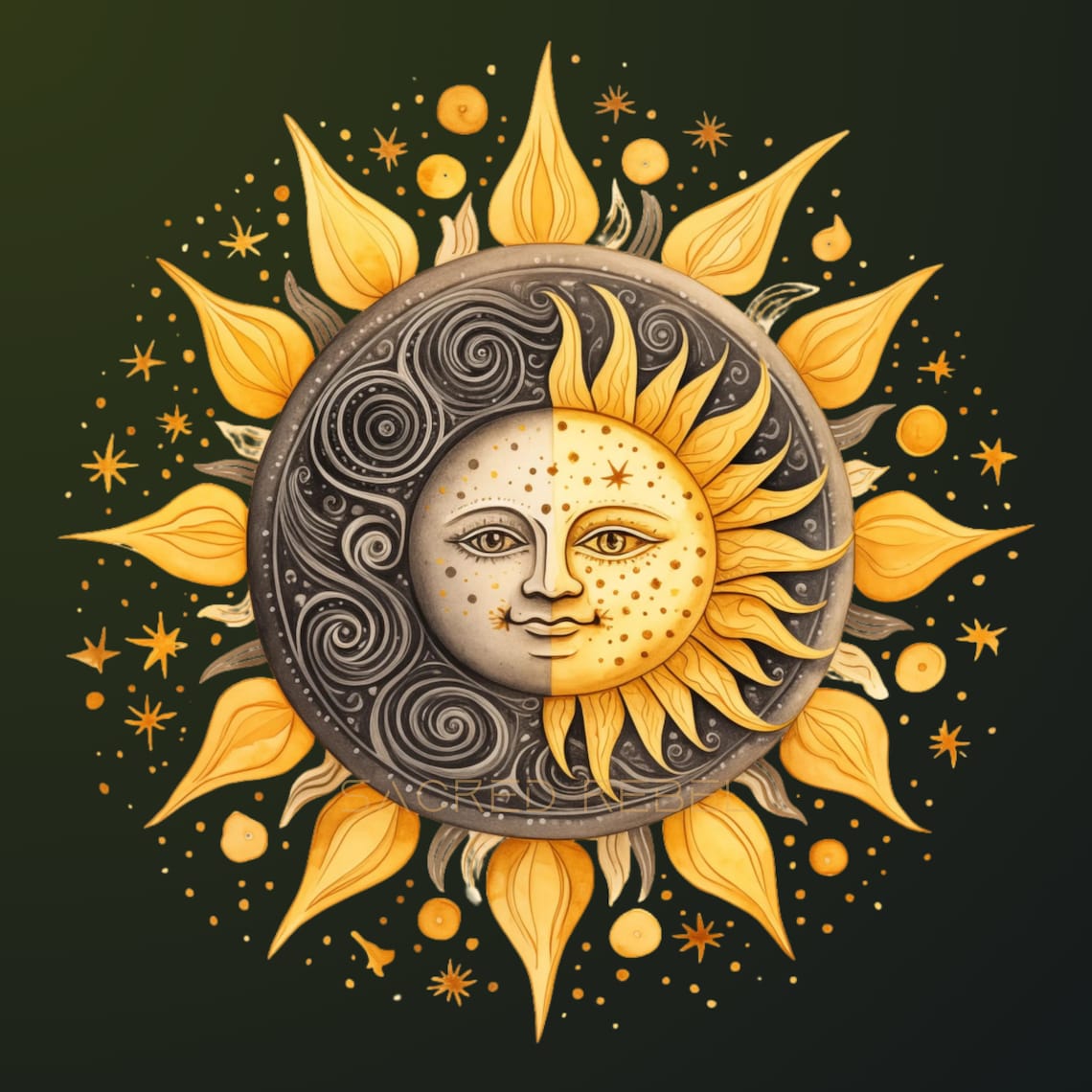 Sun and Moon PNG Celestial Boho Sun Moon SVG Watercolor Sun Clip Art ...