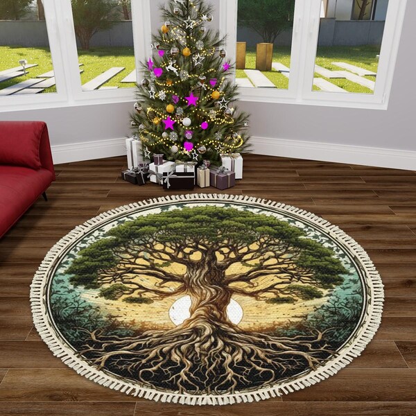 Tree of Life Round Rug Boho Tree Linen Tassel Rug Tree of Life ...