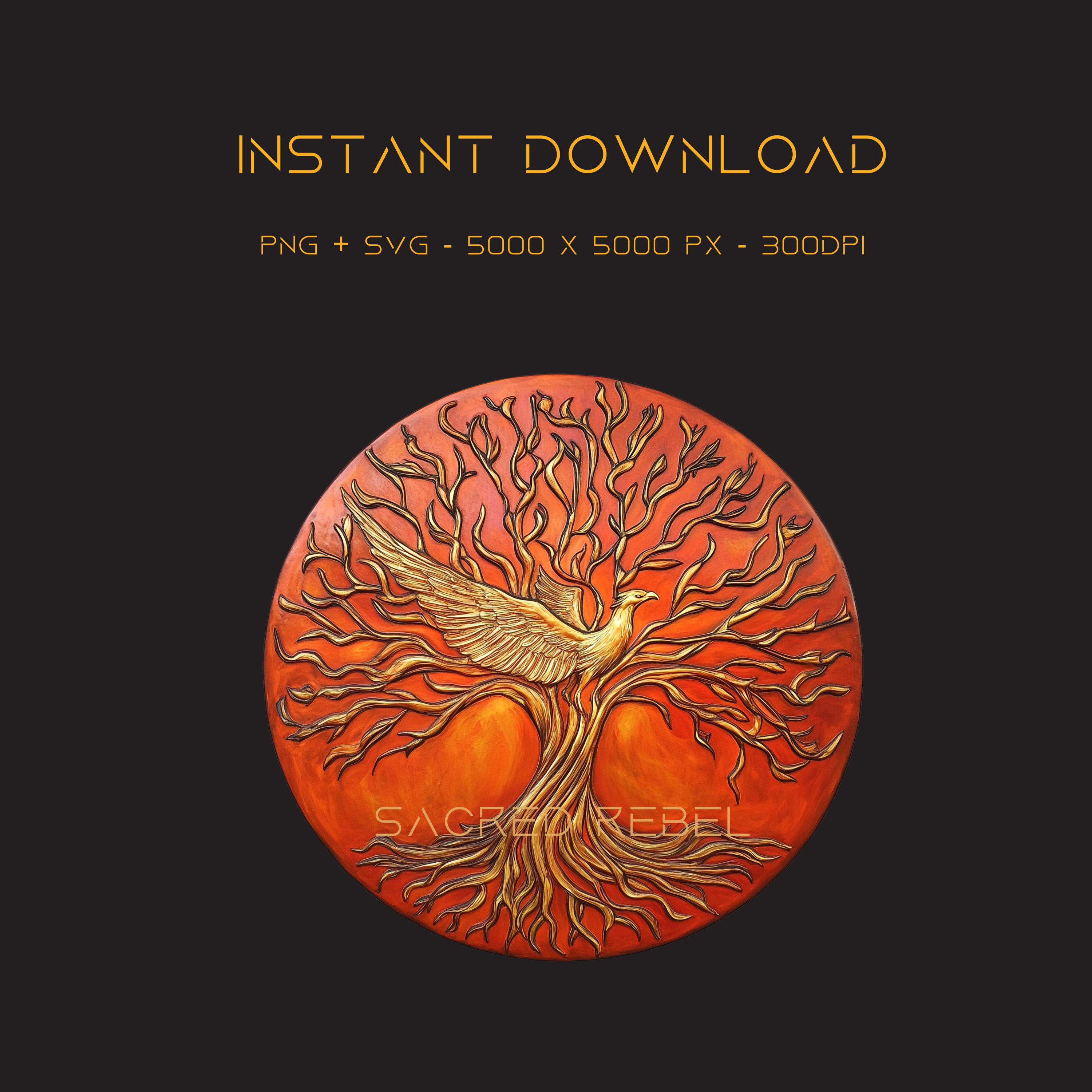 Phoenix Tree of Life Artwork 300dpi Digital Download Golden Fire ...