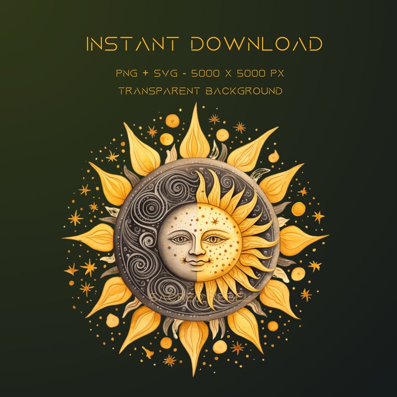 Sun and Moon PNG Celestial Boho Sun Moon SVG Watercolor Sun Clip Art ...