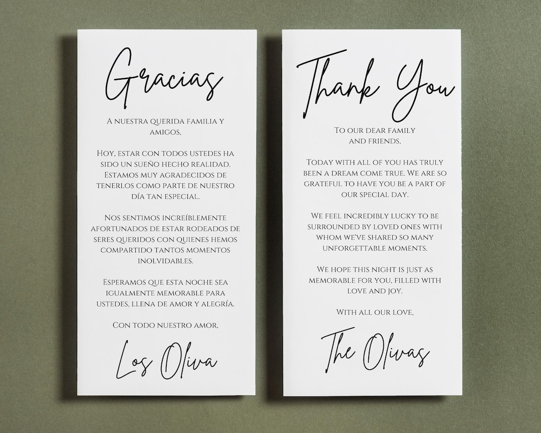Bilingual Modern Minimalist Thank You Table Cards | Digital | Spanish ...