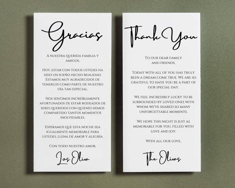 Bilingual Modern Minimalist Thank You Table Cards Digital Spanish ...