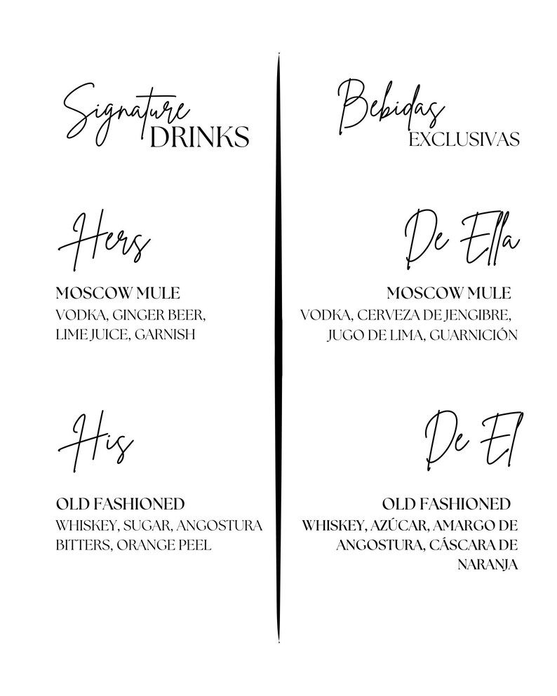 Bilingual Signature Drinks Sign, Modern Wedding Decor (digital) - Etsy
