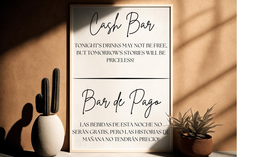 Editable Modern and Minimalist Bilingual Sign Cash Bar at Weddings ...