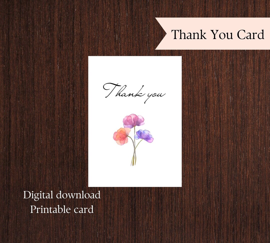 Printable Thank You Card. PDF Instant Download. Minimalist. Watercolor ...