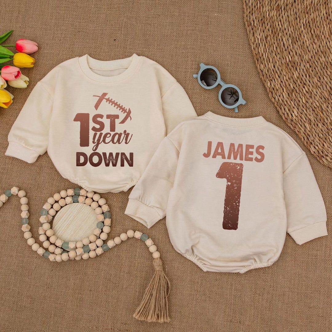 Personalized 1st Year Down Birthday Romper Sweater Boy, Football 1st ...