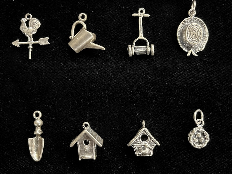 Sterling Gardening Charms - Vintage Silver - Wheelbarrow, Straw Hat ...