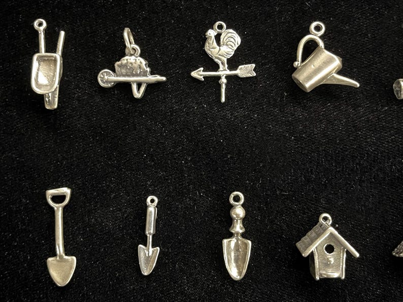 Sterling Gardening Charms - Vintage Silver - Wheelbarrow, Straw Hat ...