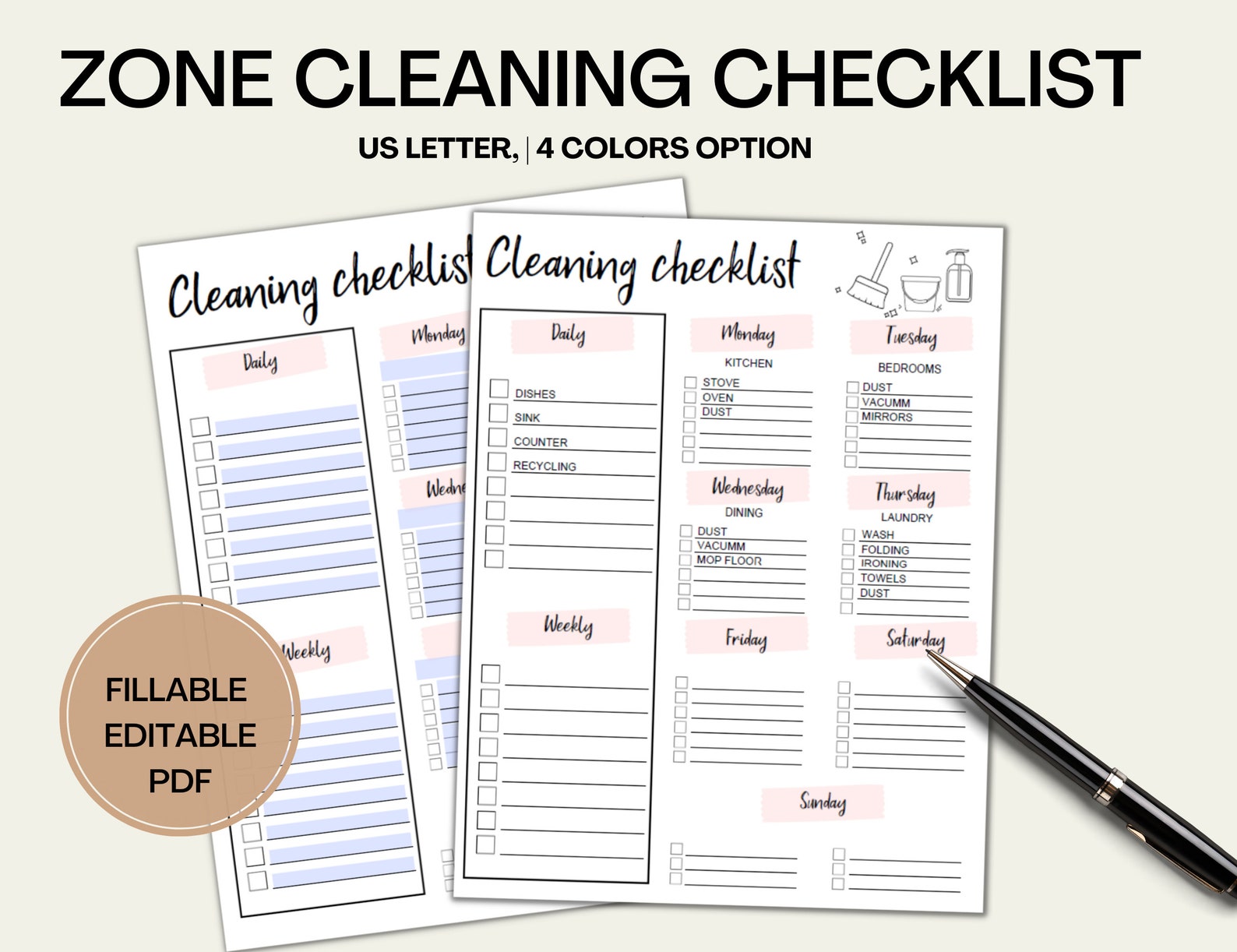 Editable Cleaning Checklist, Zone Cleaning Checklist, Weekly Cleaning ...