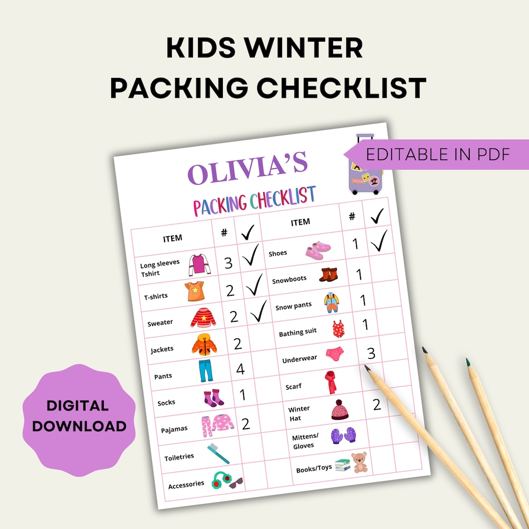 Winter Kids Packing List, Kids Checklist, Vacation Travel Packing List ...