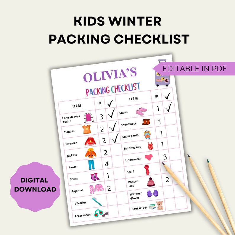 Winter Kids Packing List, Kids Checklist, Vacation Travel Packing List ...