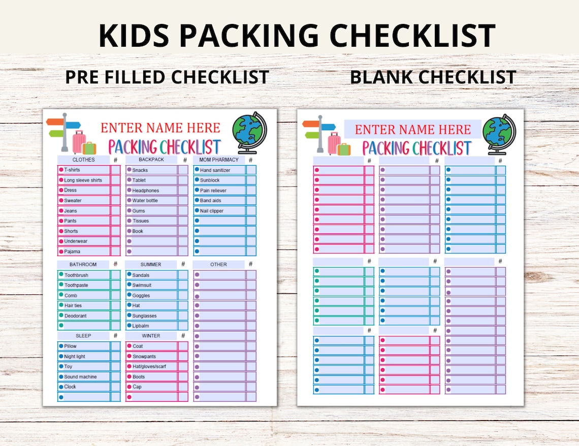 Kids Packing List, Kids Checklist , Vacation Travel Packing List ...