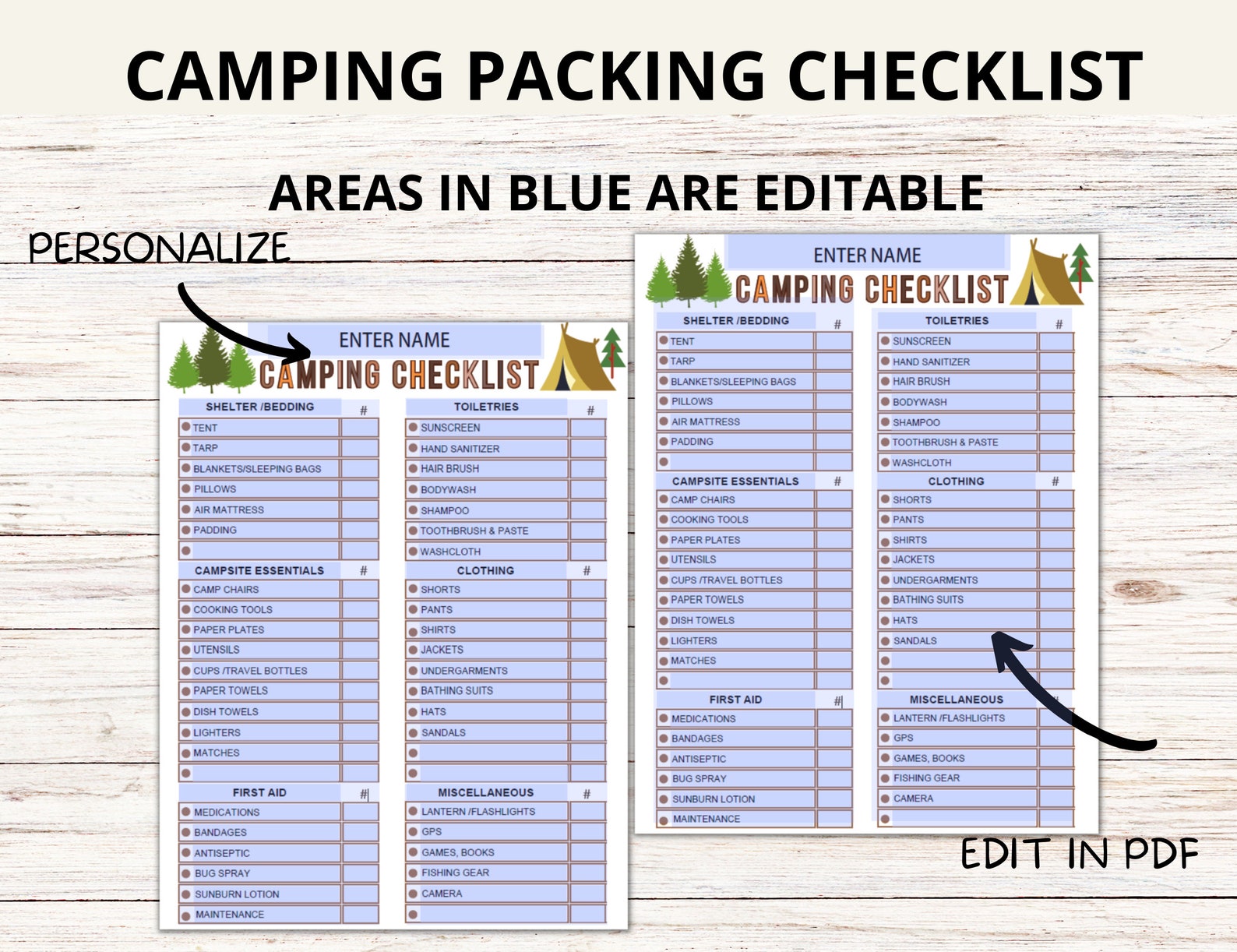 Editable Camping Packing List, Camping Trip Packing Checklist PDF ...