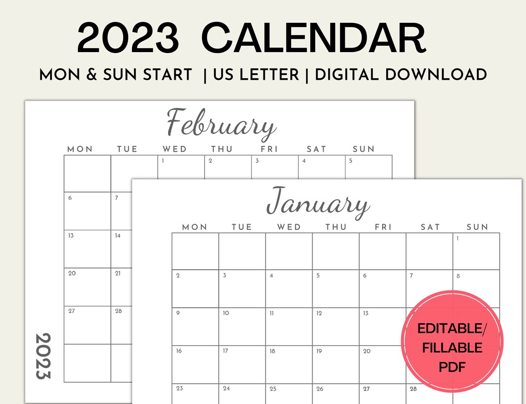 2023 Editable Printable Calendars/ Monthly Calendar/ Digital Calendar ...