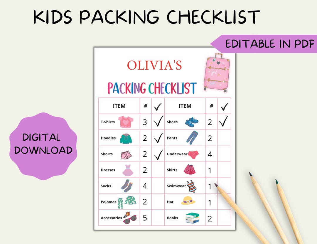 Kids Packing List Kids Checklist Vacation Travel Packing - Etsy