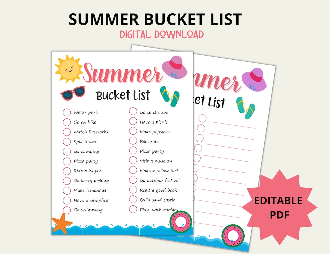 Editable Summer Bucket List Printable,summer Checklist, Fun Summer ...