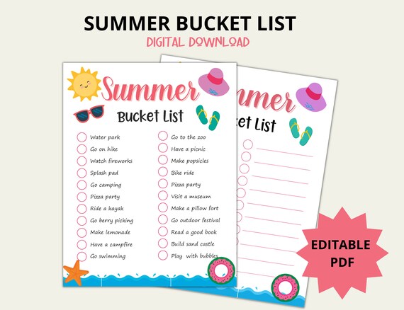 Editable Summer Bucket List Printablesummer Checklist Fun - Etsy