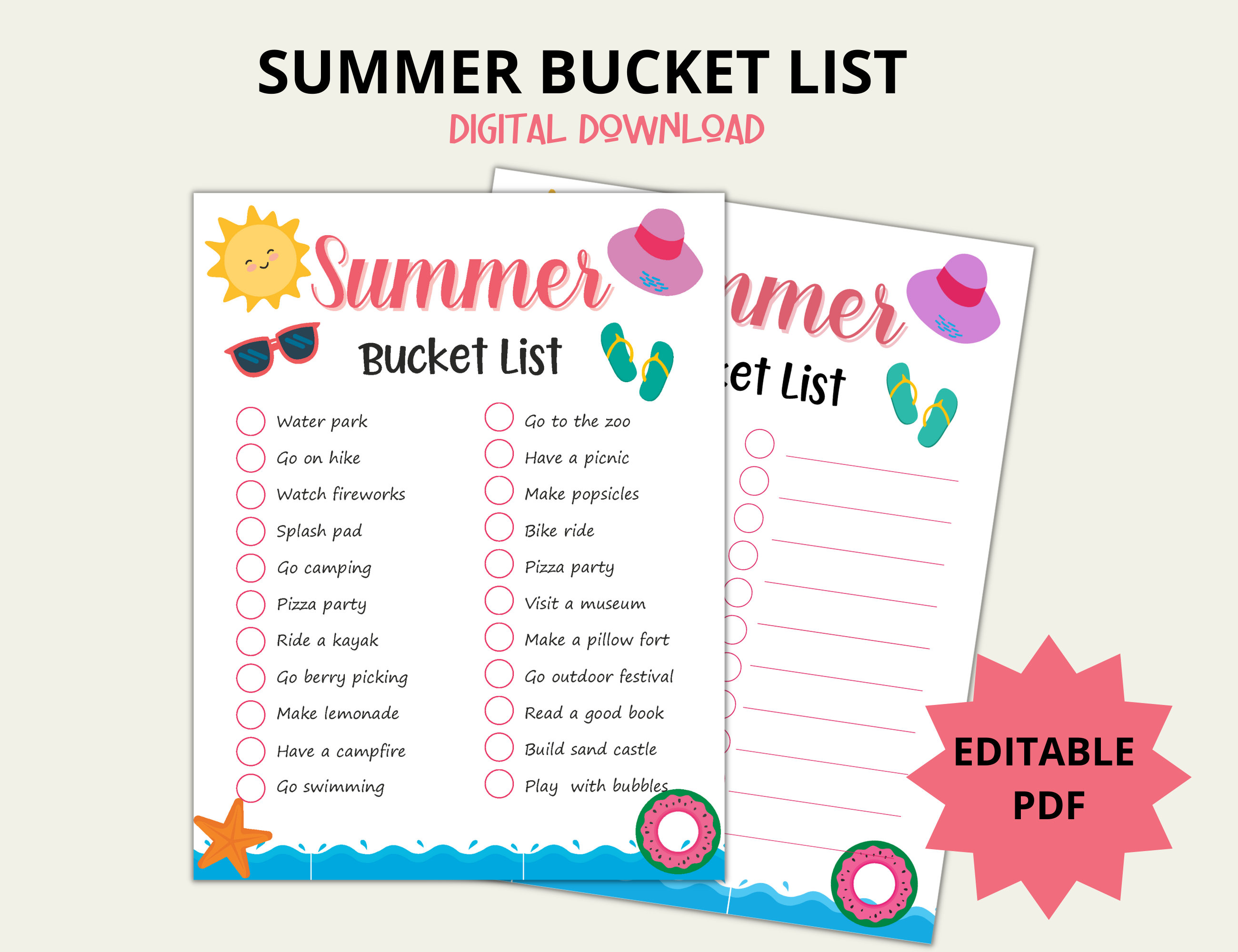 Editable Summer Bucket List Printable,summer Checklist, Fun Summer ...