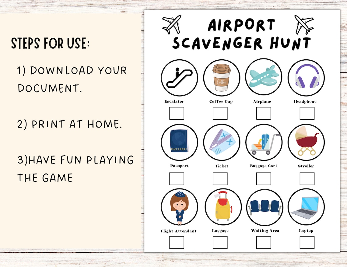 Airport Scavenger Hunt Printable for Kids, Vacation Printable Game ...