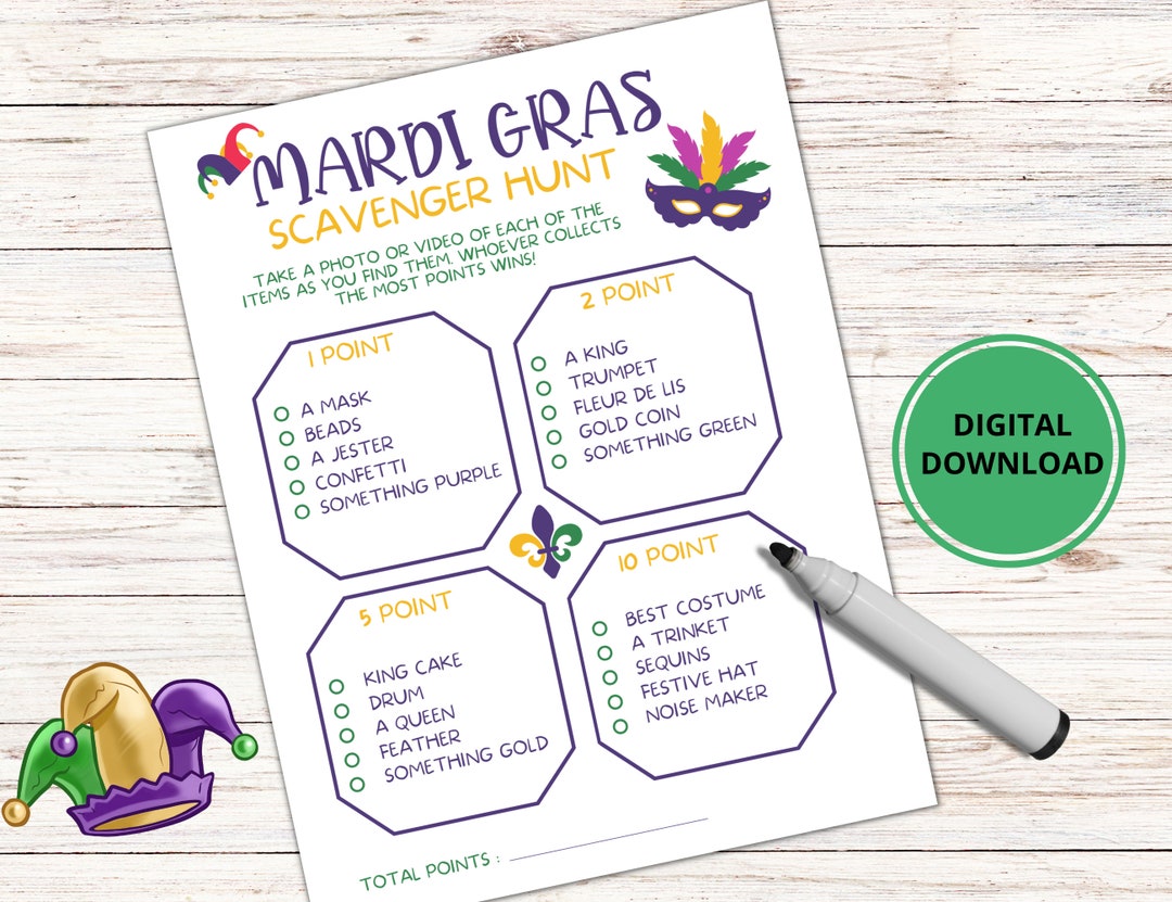 Mardi Gras Photo Scavenger Hunt, Carnival Tuesday Treasure Hunt, Shrove ...