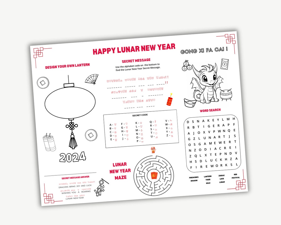 Lunar New Year Coloring Activity Placemat, Printable Placemat for Kids ...