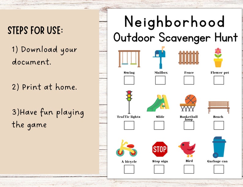 Neighborhood Scavenger Hunt, Outdoor Game Printable for Kids, Printable ...