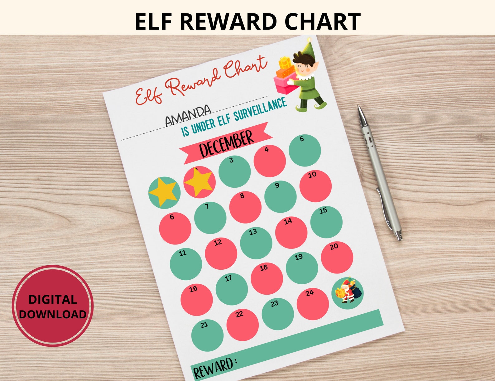 Printable Santa Elf Reward Chart, Behavior Chart for Kids ,reward ...