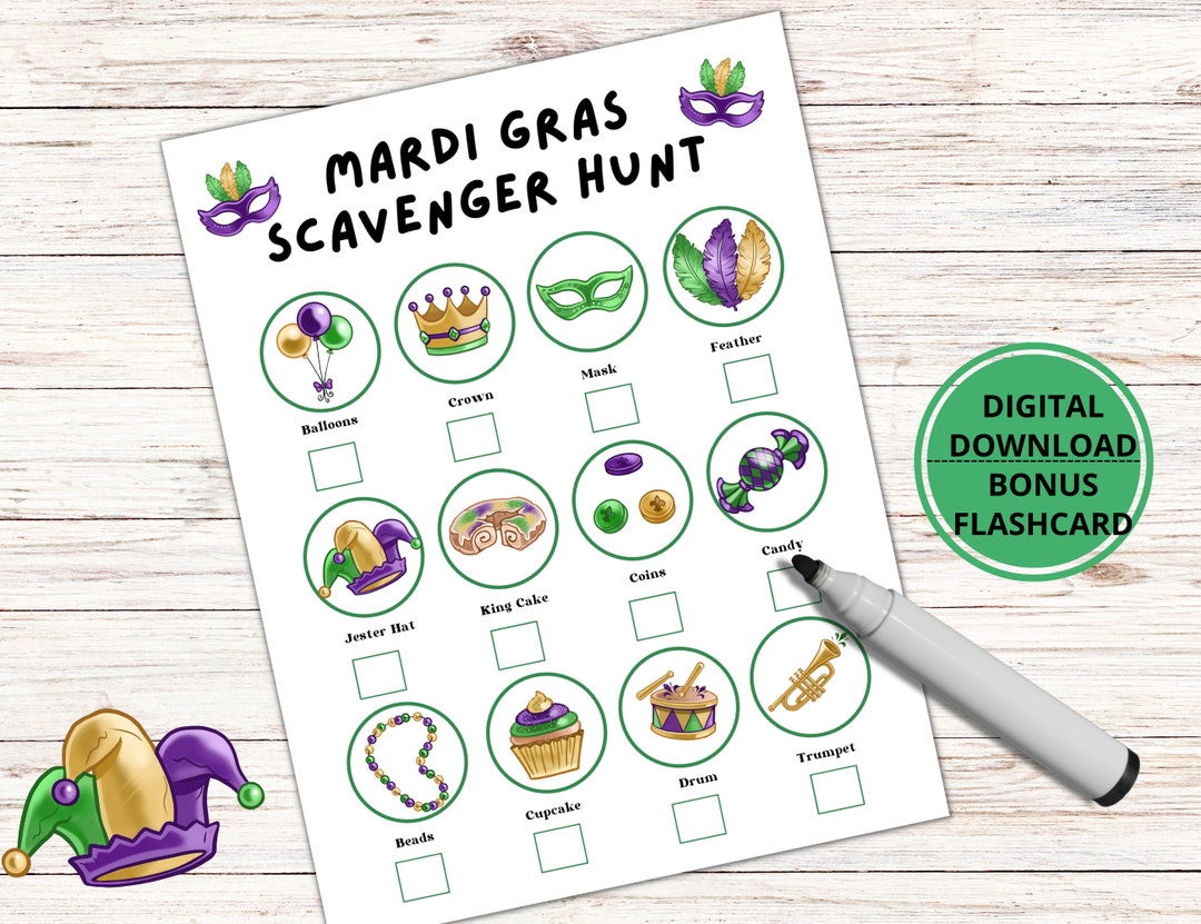 Mardi Gras Scavenger Hunt for Kids, Carnival Tuesday Treasure Hunt ...
