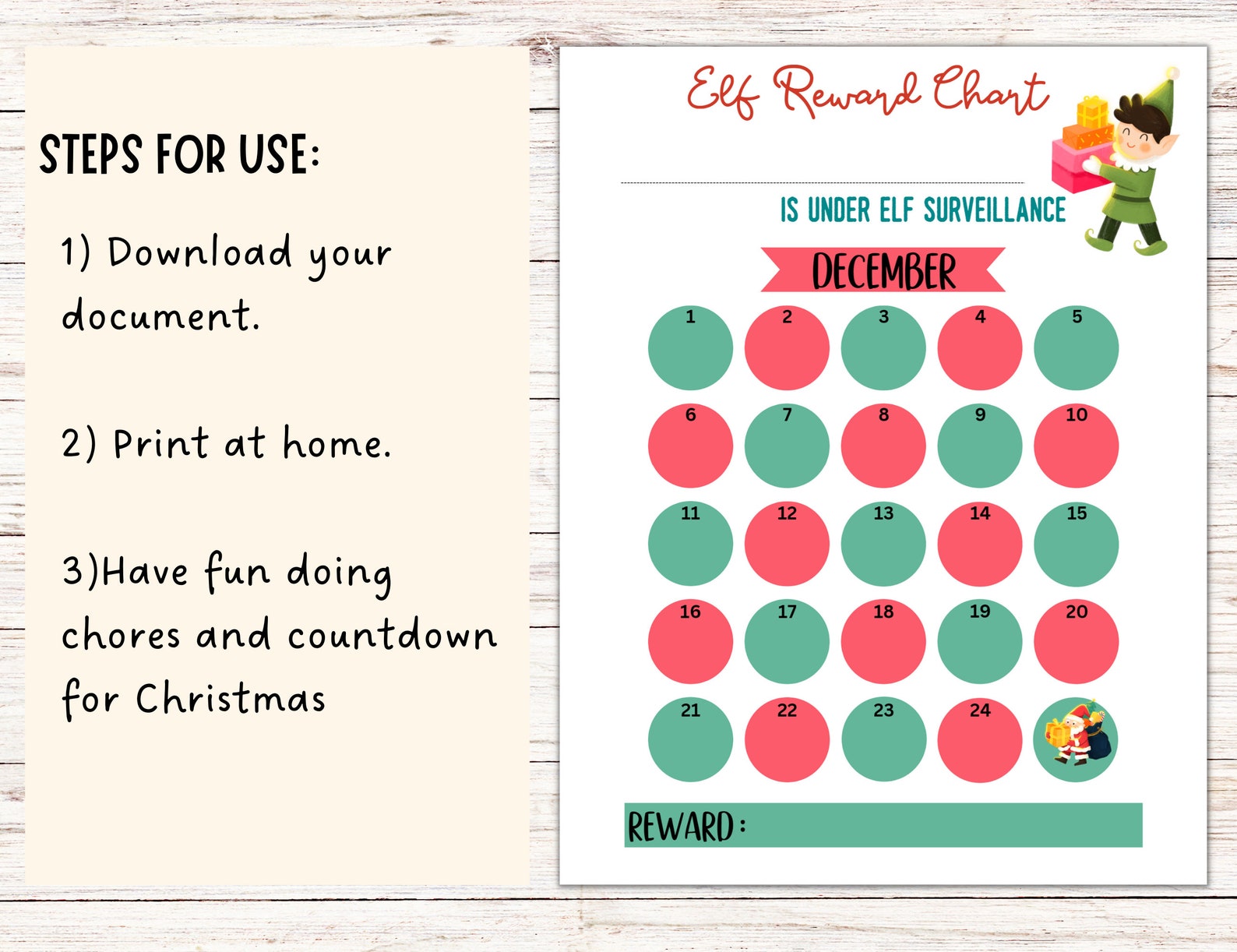 Printable Santa Elf Reward Chart, Behavior Chart for Kids ,reward ...
