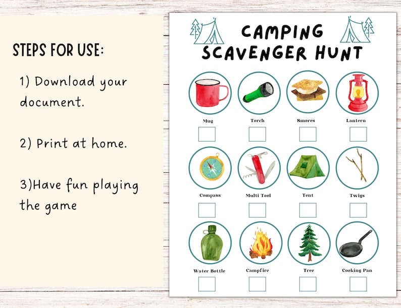 Camping Scavenger Hunt Printable for Kids, Outdoor Scavenger Hunt ...