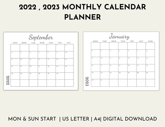 2022 2023 Monthly Calendar Printable/2022/ 2023 Monthly - Etsy