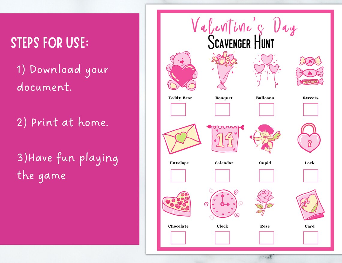 Valentine's Day Scavenger Hunt for Kids, Valentine's Day Treasure Hunt ...